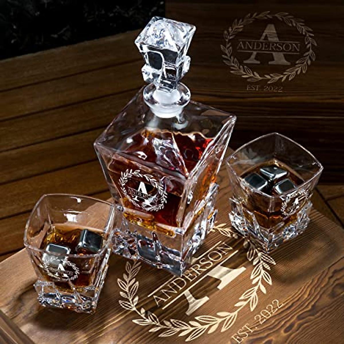 Personalized Whiskey Decanter and Stones Set - Customized Gift for Men, Dad, Father - Engraved Rocks Whiskey Decanter, 2 XL Glasses, 8 Whisky Cubes, 2 Coasters, Tongs, Pouch in Wooden Gift Box