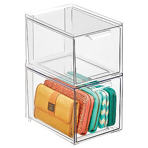 mDesign Plastic Closet Organizer Bin w/Pull Out Drawer - Slim Stackable Storage for Closet - Organization for Accessories, Bags, Totes, Small Linens, and More - Lumiere Collection - 2 Pack - Clear