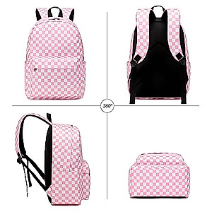 Dezcrab Checkered Backpack for Girls Kids School Bag Teens Women College Bookbag Casual Daypack (Pink)