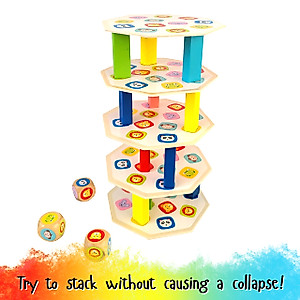 LMC Products Stacking Tower Game - Dice & Stacking Cards Animal Edition - Mini Colorful Blocks - Multiple Ways to Play Family Game Night - Games for Kids and Adults