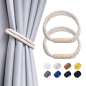 NICEEC 2 Pack Wooden Magnetic Curtain Tiebacks Boho Decoration Drape Tie Backs Natural Cotton Handmade Double Rope Curtain Holdbacks for Thin or Thick Home & Office Window Drapery (New Beige)
