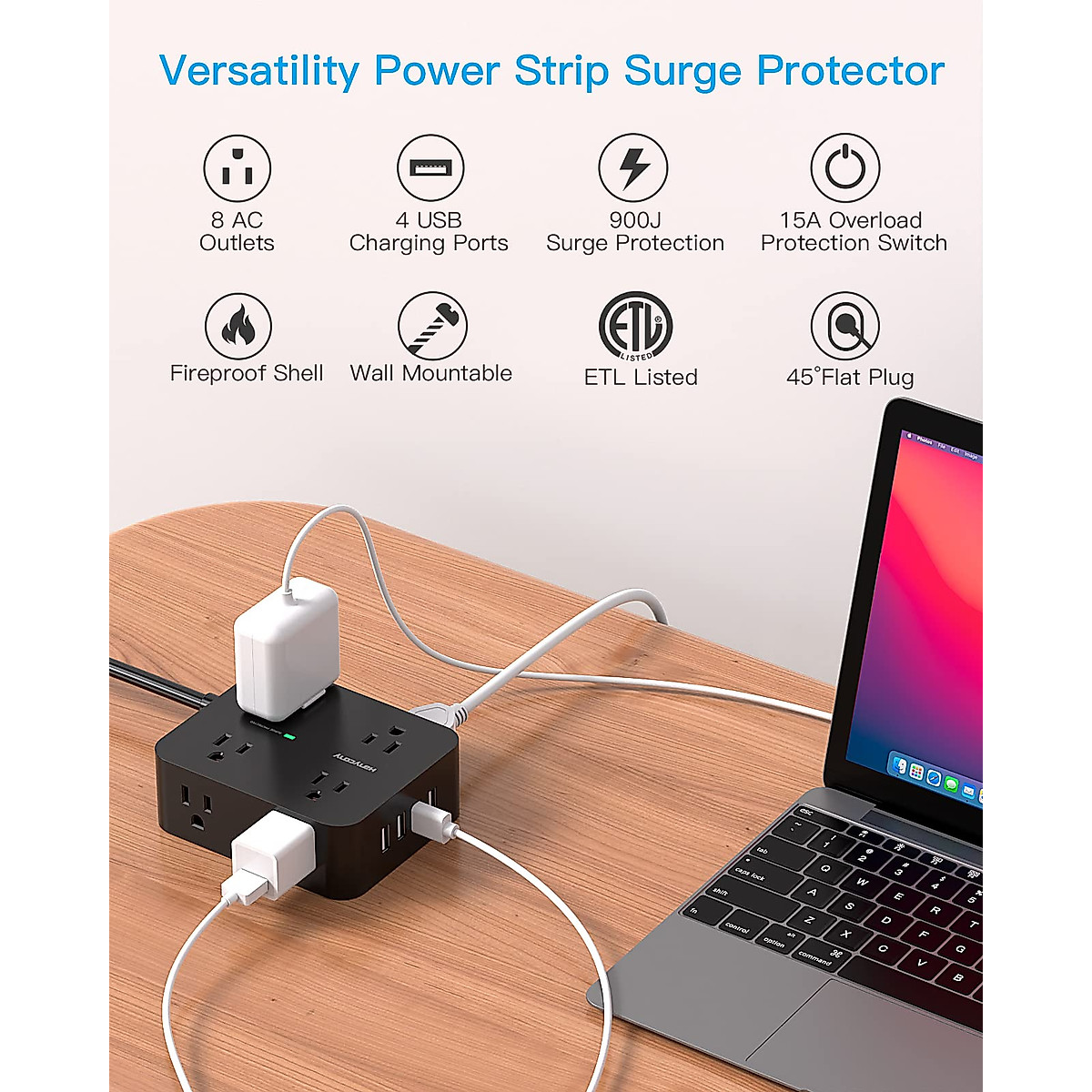 Outlet Extender with Night Light and Black 8 Outlets Power Strip Surge Protector with 4 USB Ports Bundle