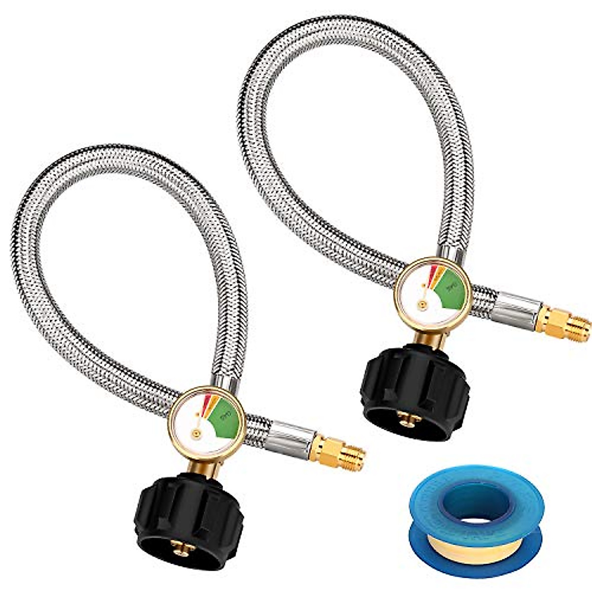 WADEO RV Propane Hose with Gauge, 15 Inch Stainless Steel Propane Pigtail Connects Propane Cylinder to 2 Stage Propane Regulator or Appliance with 1/4 Inch Inverted Male Flare, 2-Pack