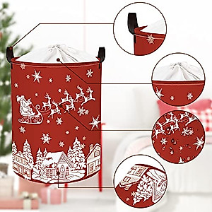 Clastyle 45L Red Snow House Laundry Basket Santa Claus Laundry Hamper Christmas Ornament Storage Basket with Drawstring Reindeer Snowflake Nursery Hamper for Gifts, 14.2x17.7 in