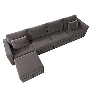 RENDGO Oversized Modular Sectional Sofa Convertible Linen Fabric Couch Set, L Shaped Couch with Reversible Chaise, 130 inch Width,5 Seat Modular Sofa with Storage Ottomans, Dark Grey