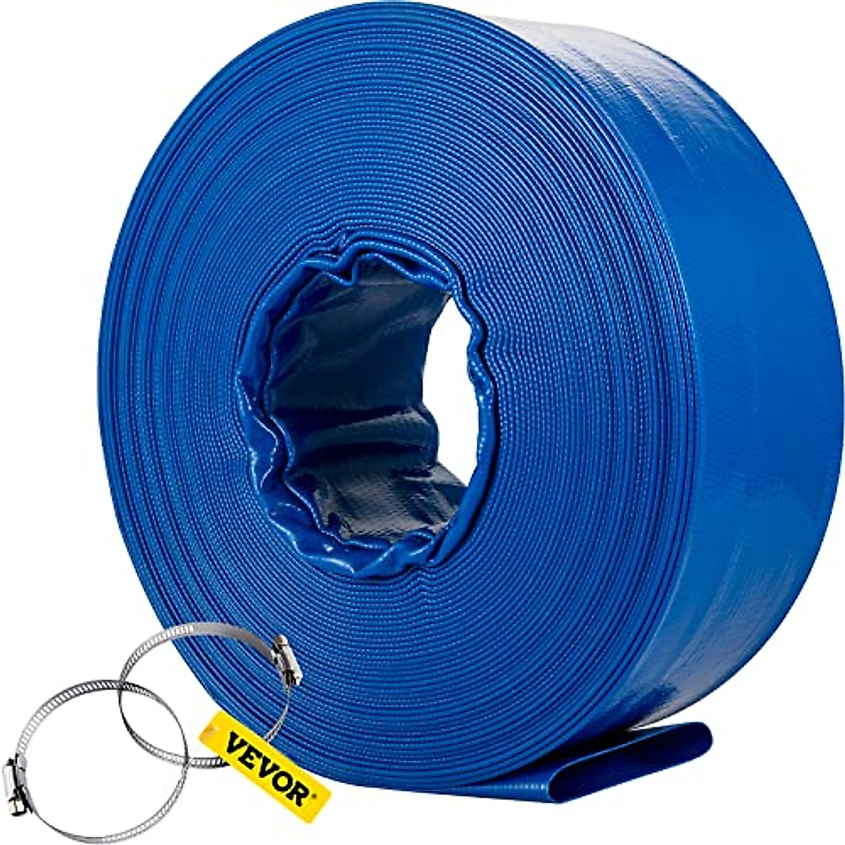 VEVOR Discharge Hose, 2" x 105', PVC Fabric Lay Flat Hose, Heavy Duty Backwash Drain Hose with Clamps, Weather-proof & Burst-proof, Ideal for Swimming Pool & Water Transfer, Blue