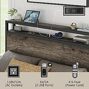 AMERLIFE Queen Size Storage Bed Frame, Wooden Platform Bed with Charging Station, 4 Drawers & Headboard/No Box Spring Needed/Noise-Free/Rustic Grey