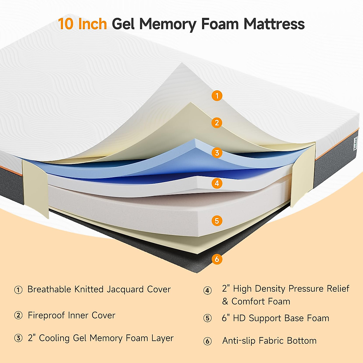 koorlian Full Size Mattress, 10 Inch Gel Memory Foam Mattress for Cooling Sleep & Pressure Relief, Full Bed Mattress in a Box with Breathable Knitted Cover, Fiberglass Free, Orange