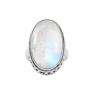 Silver Eternity Big Moonstone ring for Women Oval Stone Ring 925 Sterling Silver Boho Sterling Silver Statement Ring For Gift (White, Ring Size - 7)