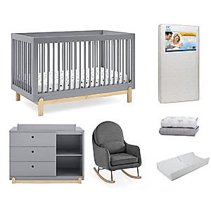 Delta Children Poppy Crib 7-Piece Baby Nursery Furniture Set–Includes: Convertible Crib, Glider, Dresser, Changing Top, Crib Mattress, Sheets, & Changing Pad, Grey w/Natural