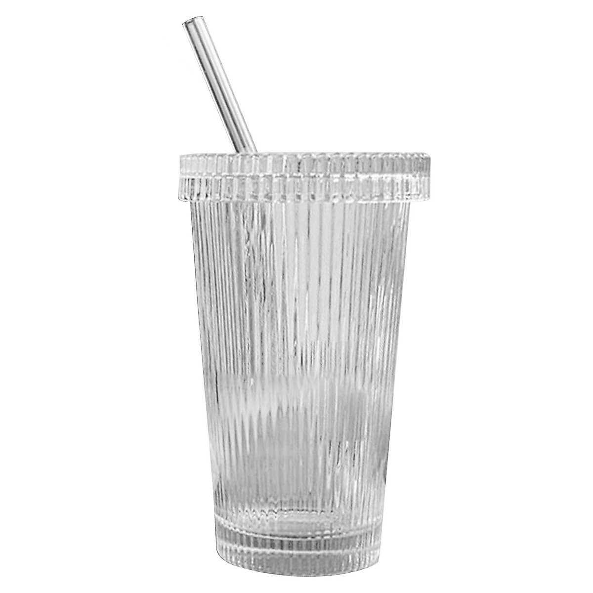 MEFFE Ribbed Glass Stem-ware, Glass Tumbler Stripe Glass Cup, Elegant Ribbed Glass Tumblers, Ribbed Glass Drinking Jars, Coffee Cup With Lid and Straw Drinking Glasses for Iced Coffee, Milk, Tea, Jui