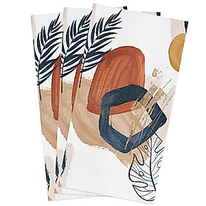 Kitchen Towels Dish Towel Set of 3,Abstract Geometric Mid Century Tropical Leaf Absorbent Hand Towels Cleaning Dishcloth Tea Towels,Terracotta Color Block Minimalist Reusable Drying Dish Cloths