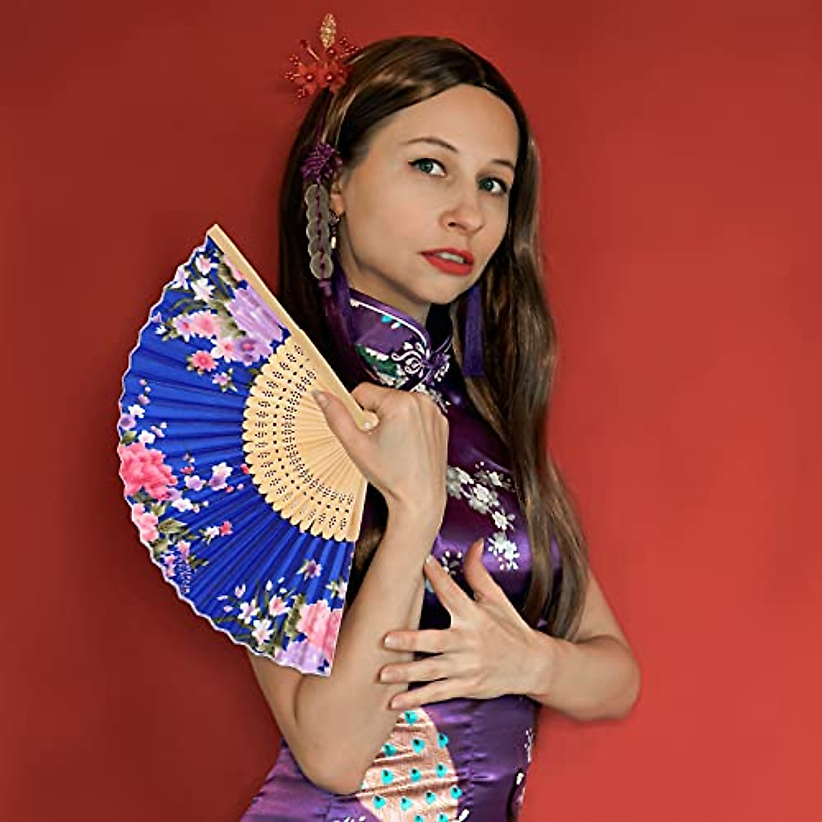 RAZZUM 2 Pcs Floral Folding Hand Fan Chinese Vintage Retro Silk Handheld Fans with Frames for Wedding Dancing Church Party Gifts Blue Fan