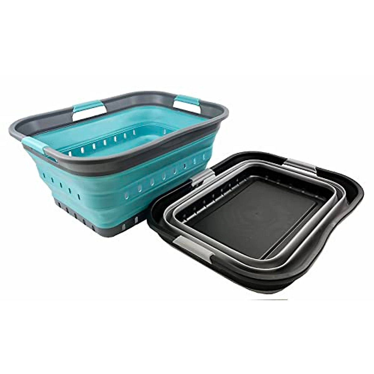 SAMMART 42L (11 gallon) Set of 2 Collapsible Plastic Laundry Basket - Foldable Pop Up Storage Container/Organizer - Portable Basket - Space Saving Hamper/Basket (Alloy Grey + Crystal Blue)