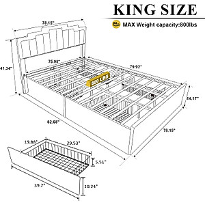 Kallabe King Size Bed Frame with 4 Storage Drawers, Upholstered Platform Bed with LED Light and Adjustable Headboard, Wooden Slats Support, No Box Spring Needed, Light Luxury Design，Dark Green