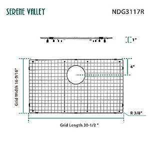 Serene Valley Sink Bottom Grid 30-1/2" X 16-9/16”, Rear Drain with Corner Radius 3/8", Sink Protector NDG3117R