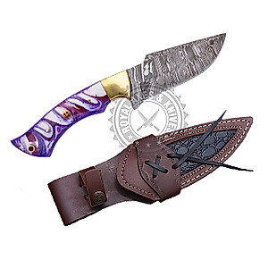 NA-1 Royal Knife Custom Hand Made Damascus Steel Bowie Knife With Multi Purple Resin Handle Material Hand Made Fixed Blade Survival Knife With Leather Sheath (R K 002)