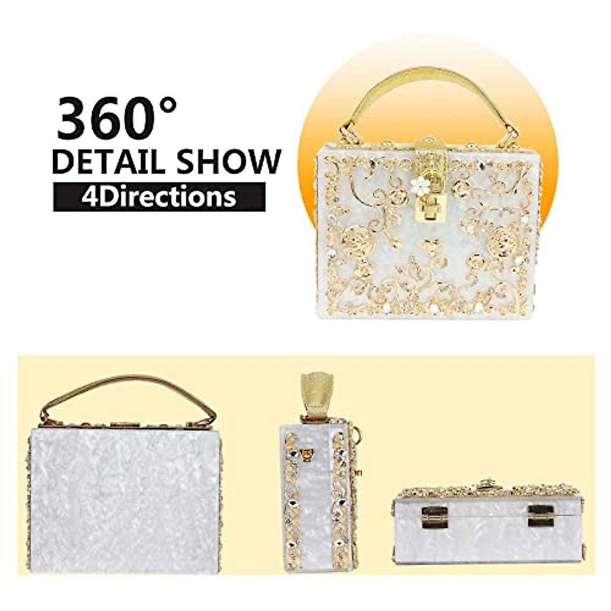 Women Acrylic Flower Purses and Handbags Ladies Rhinestones Evening Crossbody Shoulder Bag Top-Handle Tote Clutch Box Bag (White)
