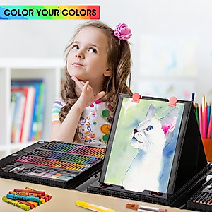 Art Supplies, 240-Piece Drawing Art Kit, Gifts Art Set Case with Double Sided Trifold Easel, Includes Oil Pastels, Crayons, Colored Pencils, Watercolor Cakes, Sketch Pad (Black)