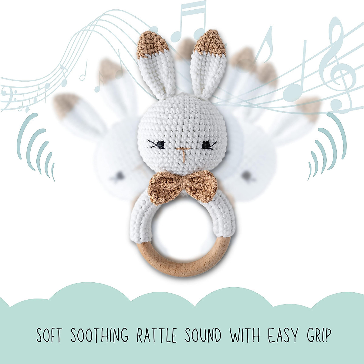 Hello Teddio Baby Rattle Teething Toy, Smooth Wooden Easy Grip Ring, Gender Neutral Baby Gifts