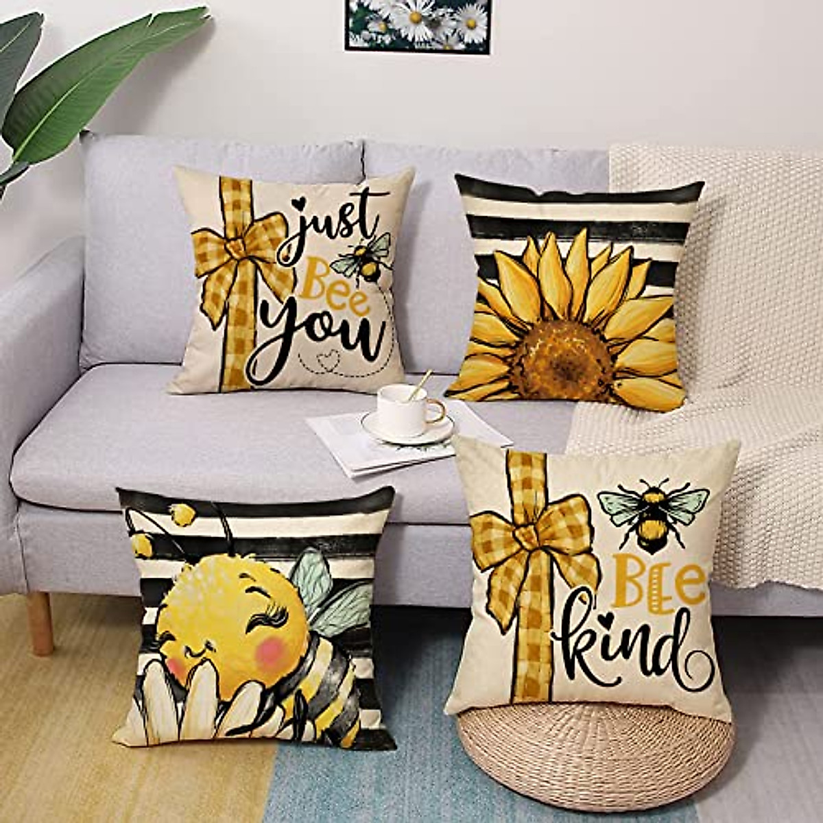 Fjfz Spring Bumble Bee Sunflower Decorative Throw Pillow Covers 18x18 Set of 4, Summer Farmhouse Black White Stripe Porch Patio Home Decor, Yellow Buffalo Plaid Check Quote Outdoor Couch Cushion Case