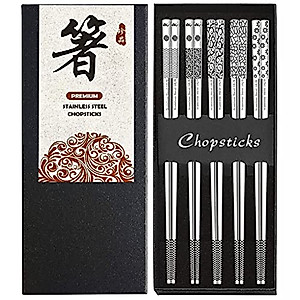 Metal Chopsticks Stainless Steel Reusable Chopsticks 18/8 Cute Laser Engraved Non-slip Korean Japanese Chinese Chopsticks,18/8 Stainless steel Dishwasher Safe for Cooking Eating 9 1/4 Inches 5 Pairs