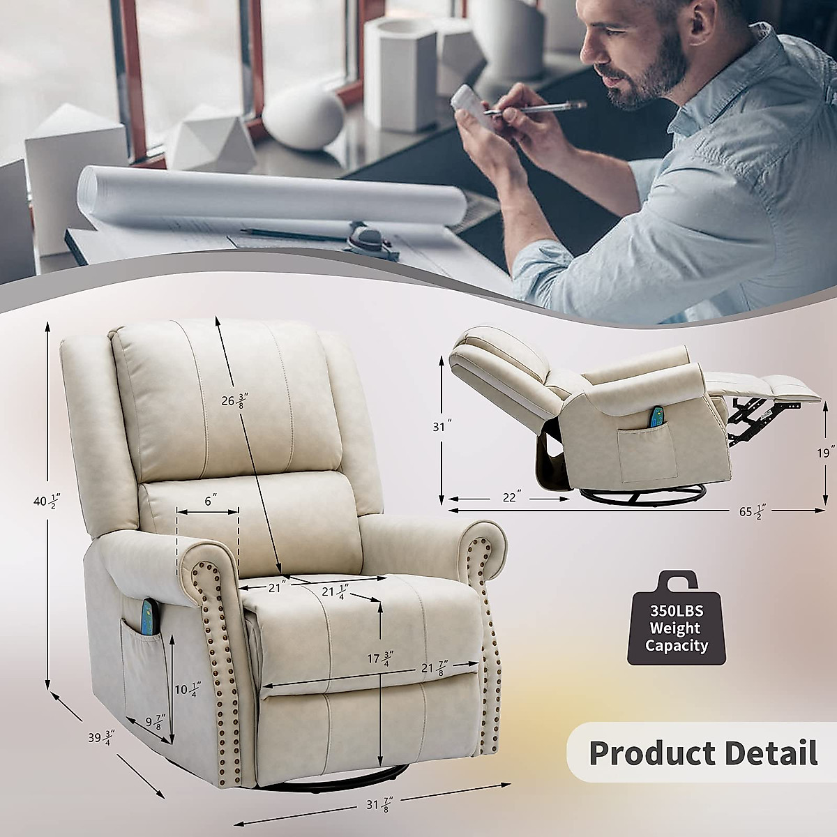 Vicluke Microfiber Technology Cloth Massage Recliner Chair 360°Swivel Heated, Faux Leather Ergonomic Recling Sofa with Rivet Decoration, Recliner Rocking Chair for Living Room, Office(Off-White)