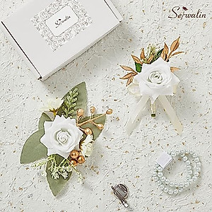 Serwalin White Corsage and Boutonniere Set, Prom Artificial Flower Wrist Corsage Bracelets, Homecoming Corsage Wristlet, Boutonniere for Men Wedding Flowers Accessories Prom Suit Decorations