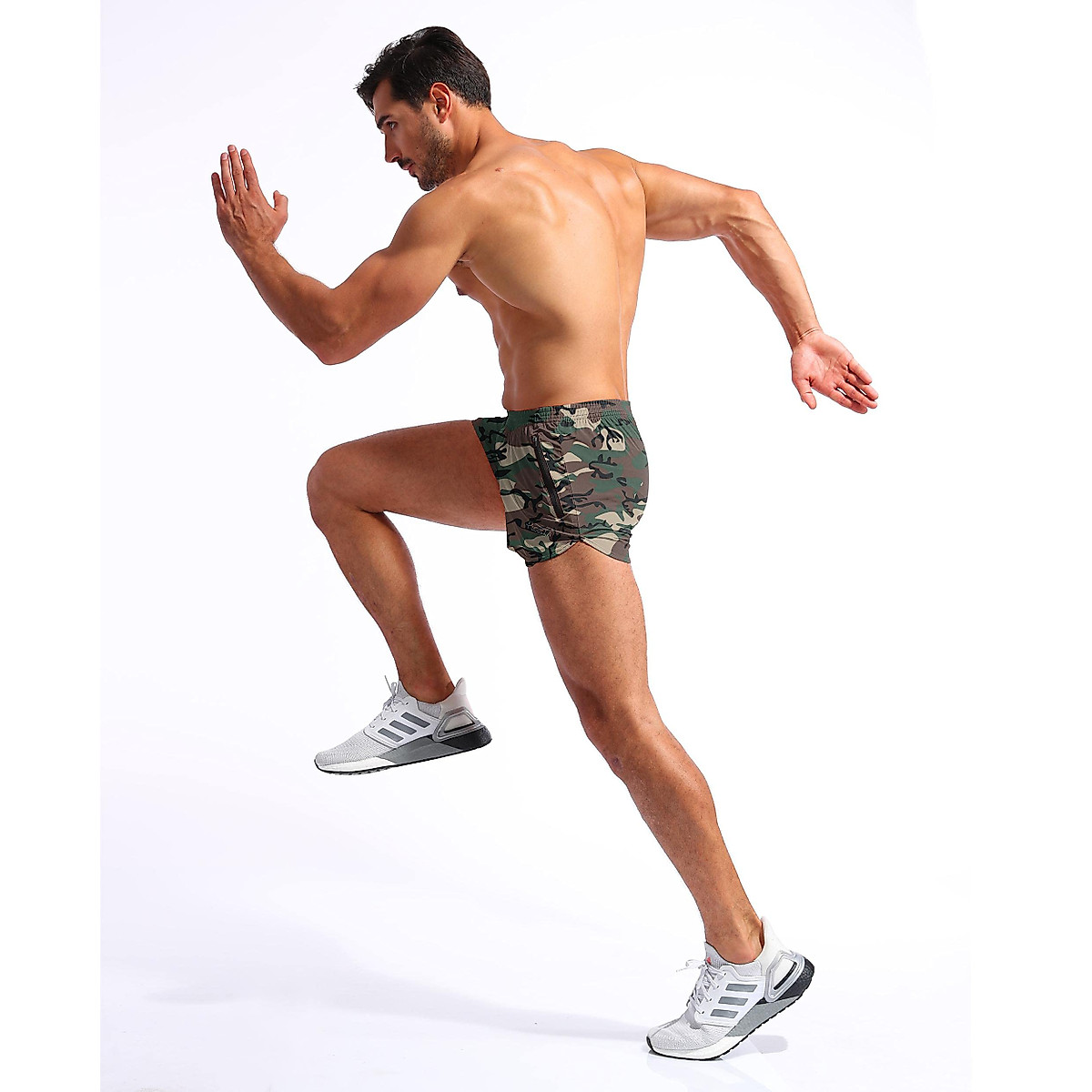 Pudolla Men’s Running Shorts 3 Inch Quick Dry Gym Athletic Workout Shorts for Men with Zipper Pockets(Camo Green Medium)