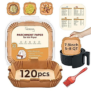 AEROSS Square Air Fryer Paper Liners Disposable, 120Pcs, 7.9Inch - Parchment Paper for Air Fryer– Unbleached, Oil-Resistant, Leak-Proof Liners– Perfect Liners for Microwave & Oven– BONUS Silicon Brush