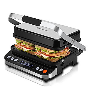 10 in 1 Panini Press Sandwich Maker, Taylor Swoden 1600W Electric Indoor Grill with Non-Stick Double Sided Plates, LED Touch Screen, Independent Temperature Control, Opens 180 Degrees, Stainless Steel