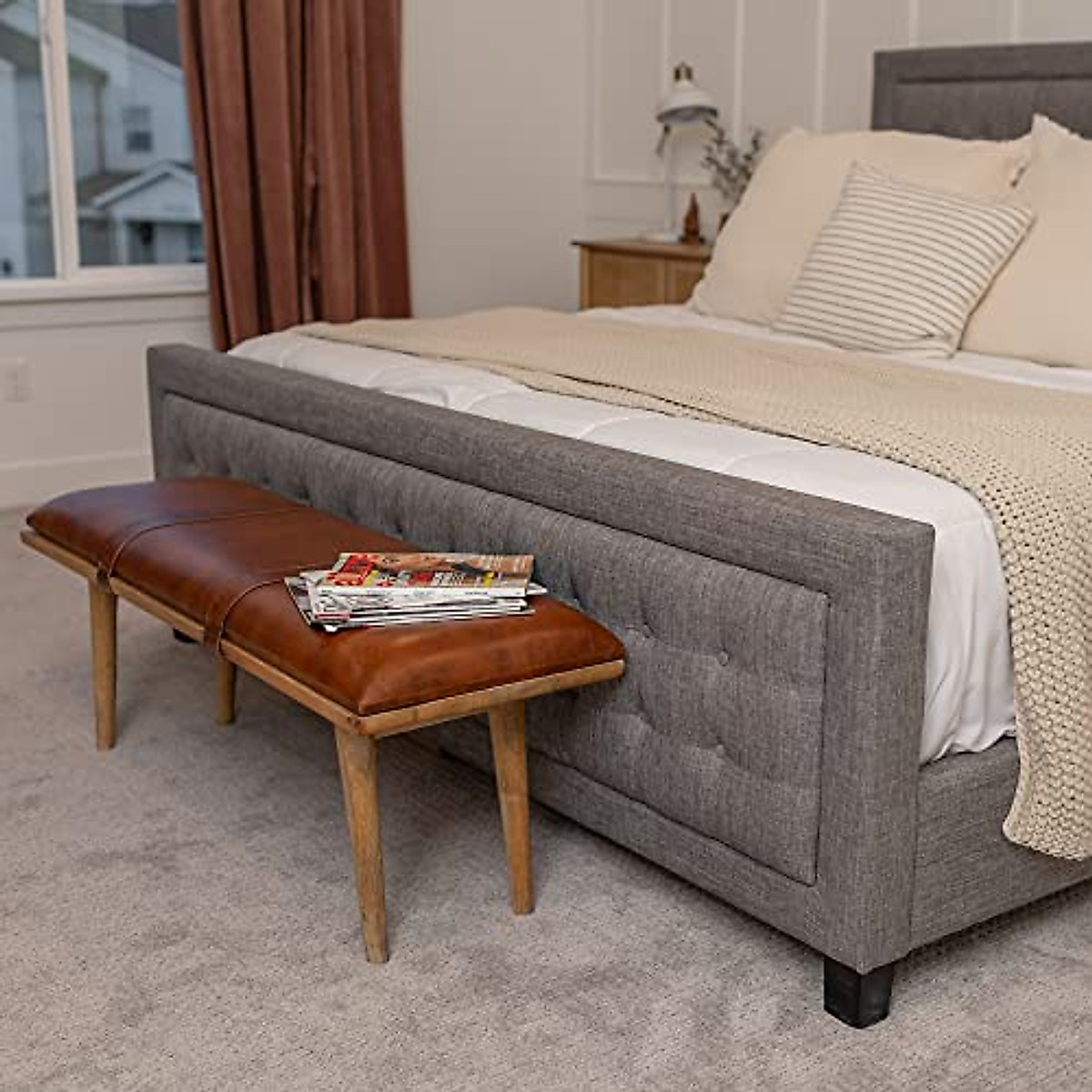 Mid Century Modern Wooden Bench - Leather Bench, Entrance Bench, Foyer for Entryway With Genuine Leather Cushion - Aesthetic Rustic Bedroom, Living Room, Kitchen Window Bench - Brown 48" x 16" x 18"