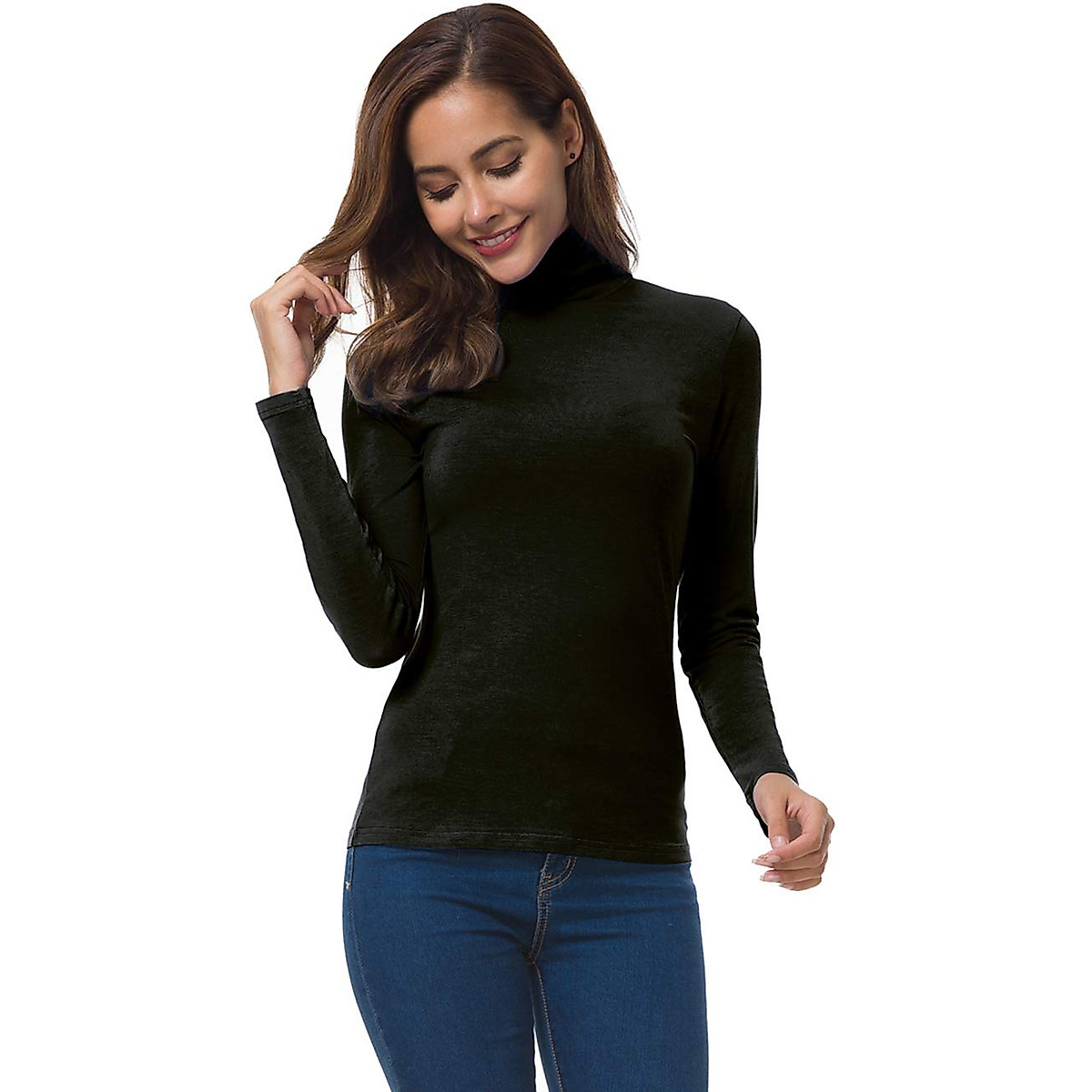 Black Turtleneck Womens Long Sleeve Fitted Tops Lightweight Slim Active Pullover Shirt Black Medium