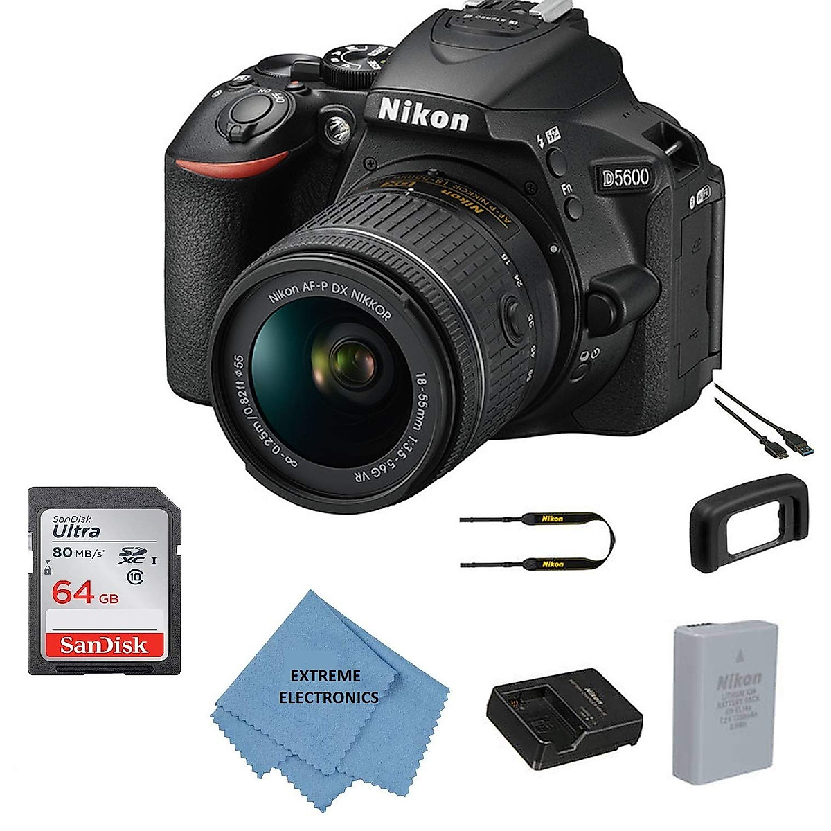 Nikon D5600 w/AF-P DX NIKKOR 18-55mm f/3.5-5.6G VR + 64GB Memory Bundle