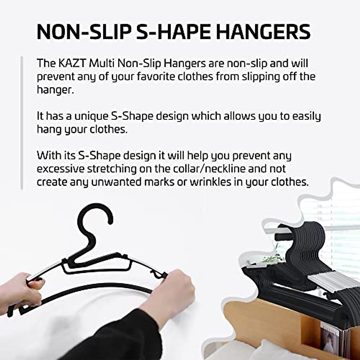 [Made in Korea] Kazt Multi Non-Slip Hangers, S-Shape Design, Slim Profile and Space Saving, Everyday Use for Clothes, Ties, Scarves, Accessories and More (Pack of 30)
