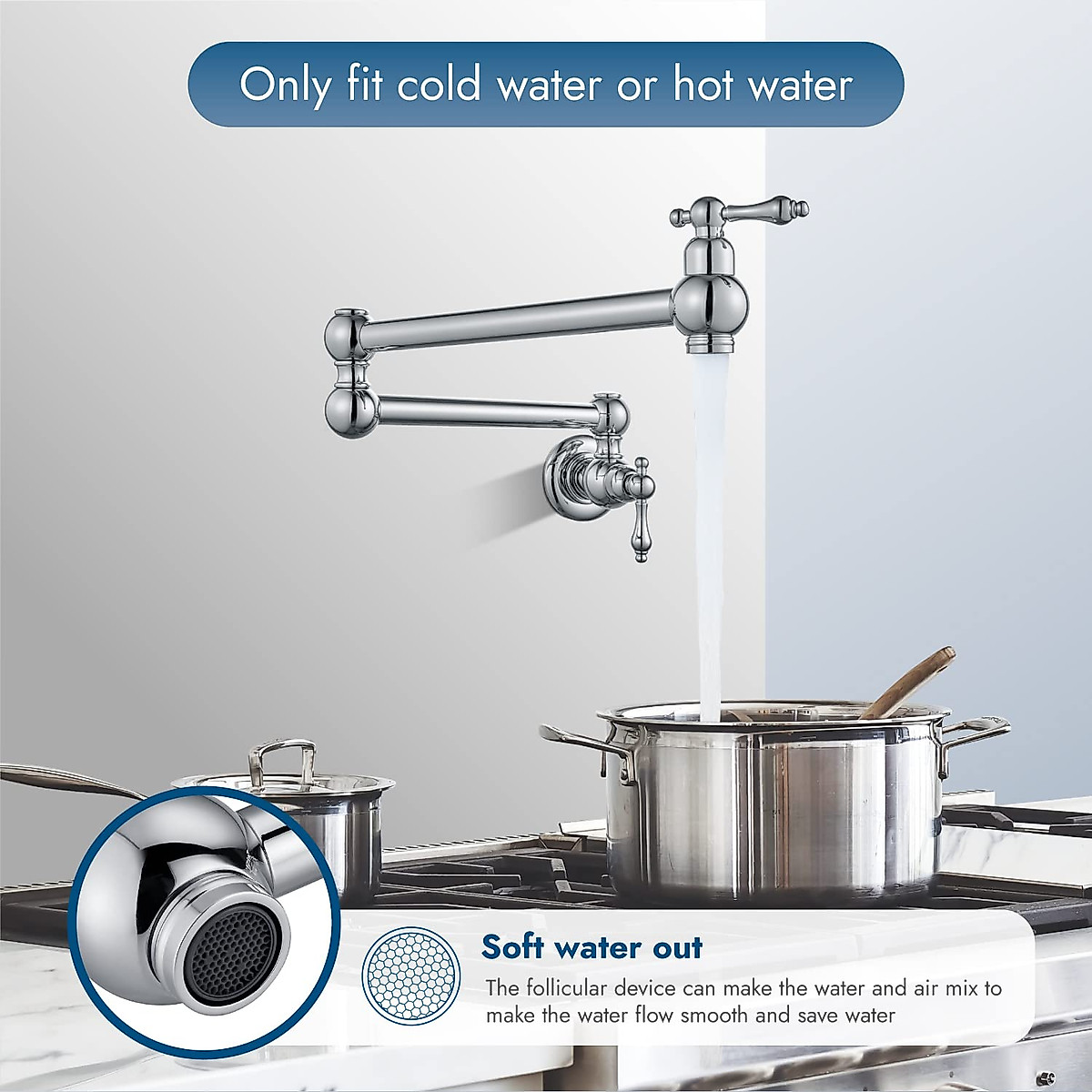 Cinwiny Polished Chrome Pot Filler Faucet Wall Mount Classical Folding Stretchable Stainless Steel Kitchen Restaurant Sink Faucet with Double Joint Swing Arm 1 Hole 2 Handle Commercial