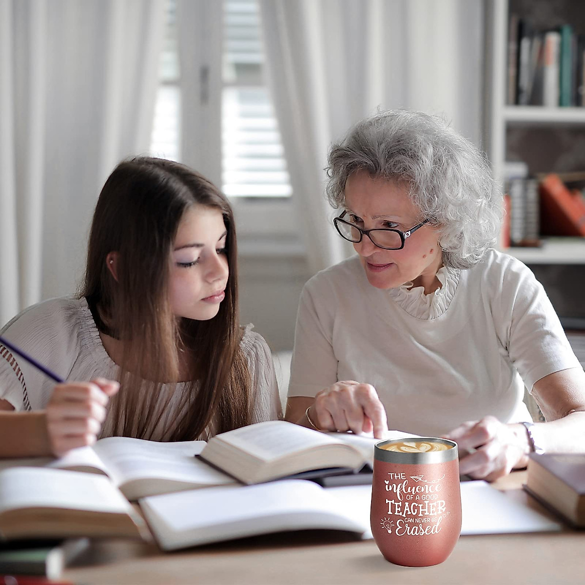 Qtencas Teacher Gifts, The Influence Of A Good Teacher Is Never Erased Teacher Wine Tumbler, Teacher Gifts for Teacher, Teacher Appreciation Gift, 12 Oz Insulated Stainless Steel Tumbler, Rose Gold