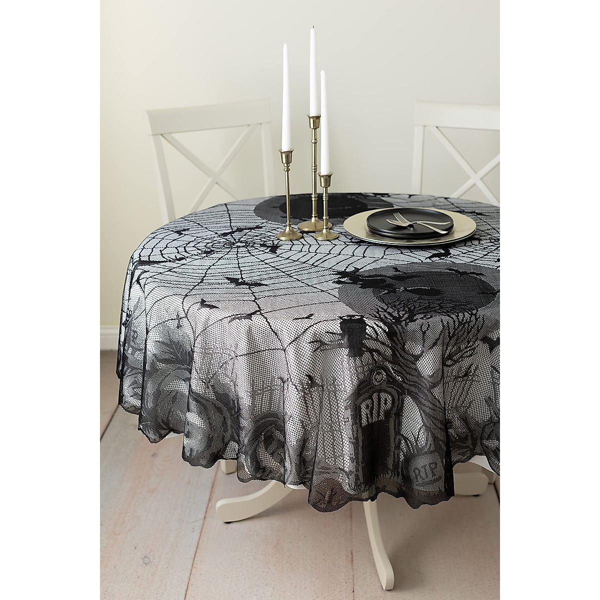 Benson Mills Spooky Spirits Web Lace Fabric Halloween Tablecloth, Halloween Table Cloth (Black, 70" Round)