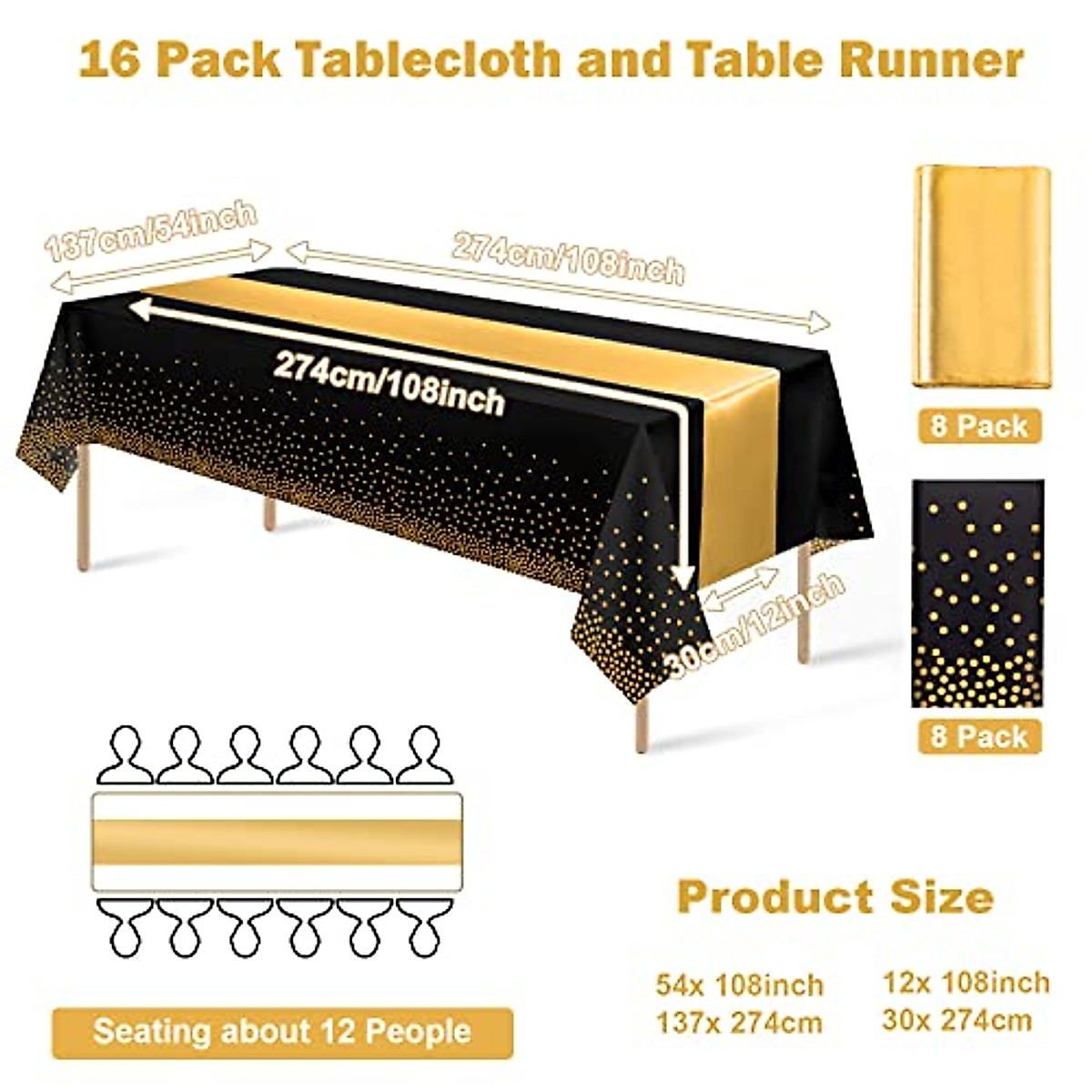 16Pack Disposable Plastic Tablecloths and Satin Table Runner Set Black Gold Dot Table Cloth Gold for Graduation Wedding Birthday Baby Shower Anniversary Holiday Party Decorations