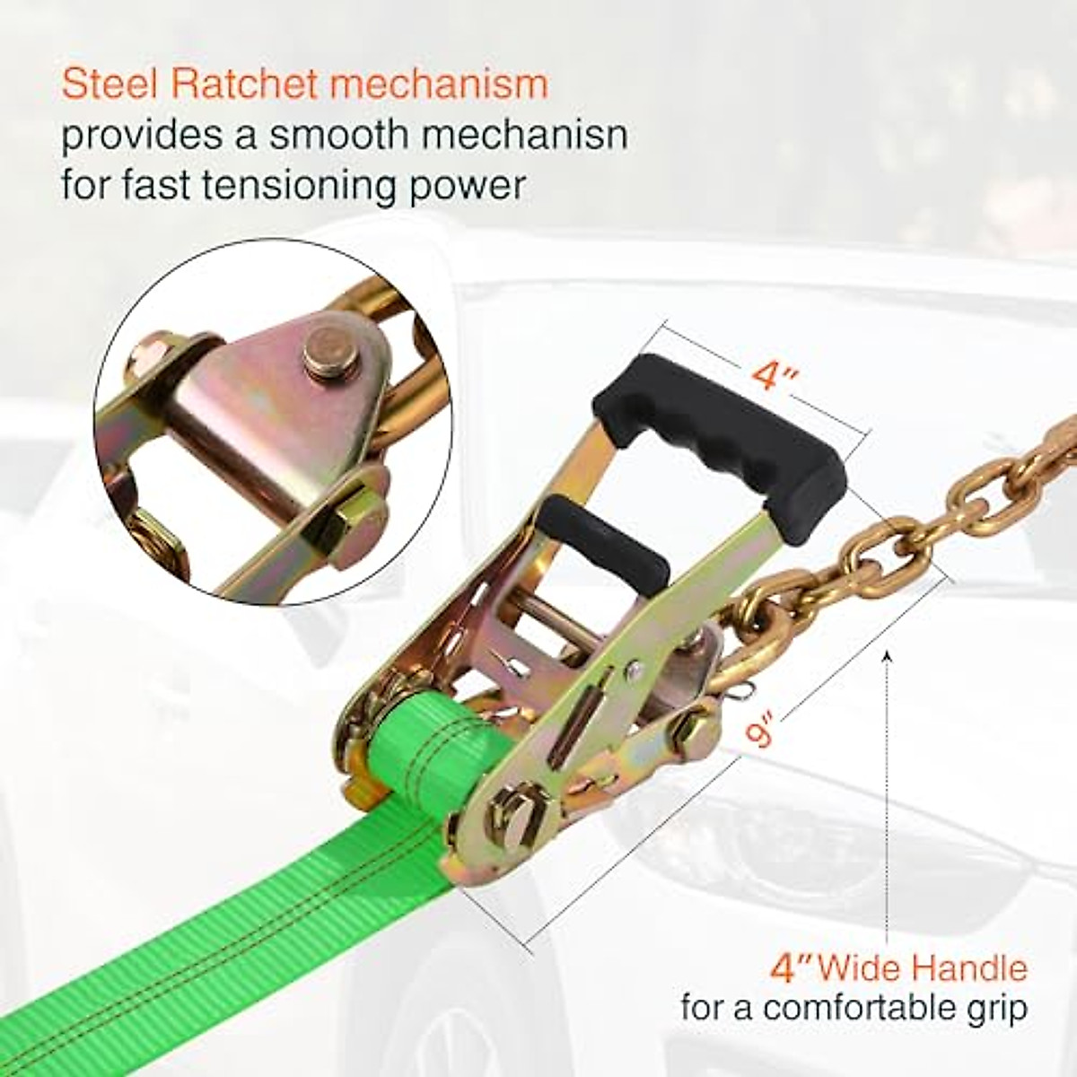 Trekassy 2”x 96” Car Tie Down Tire Straps with 16" Chain Anchors for Trailers, 3,333lbs Safe Working Load