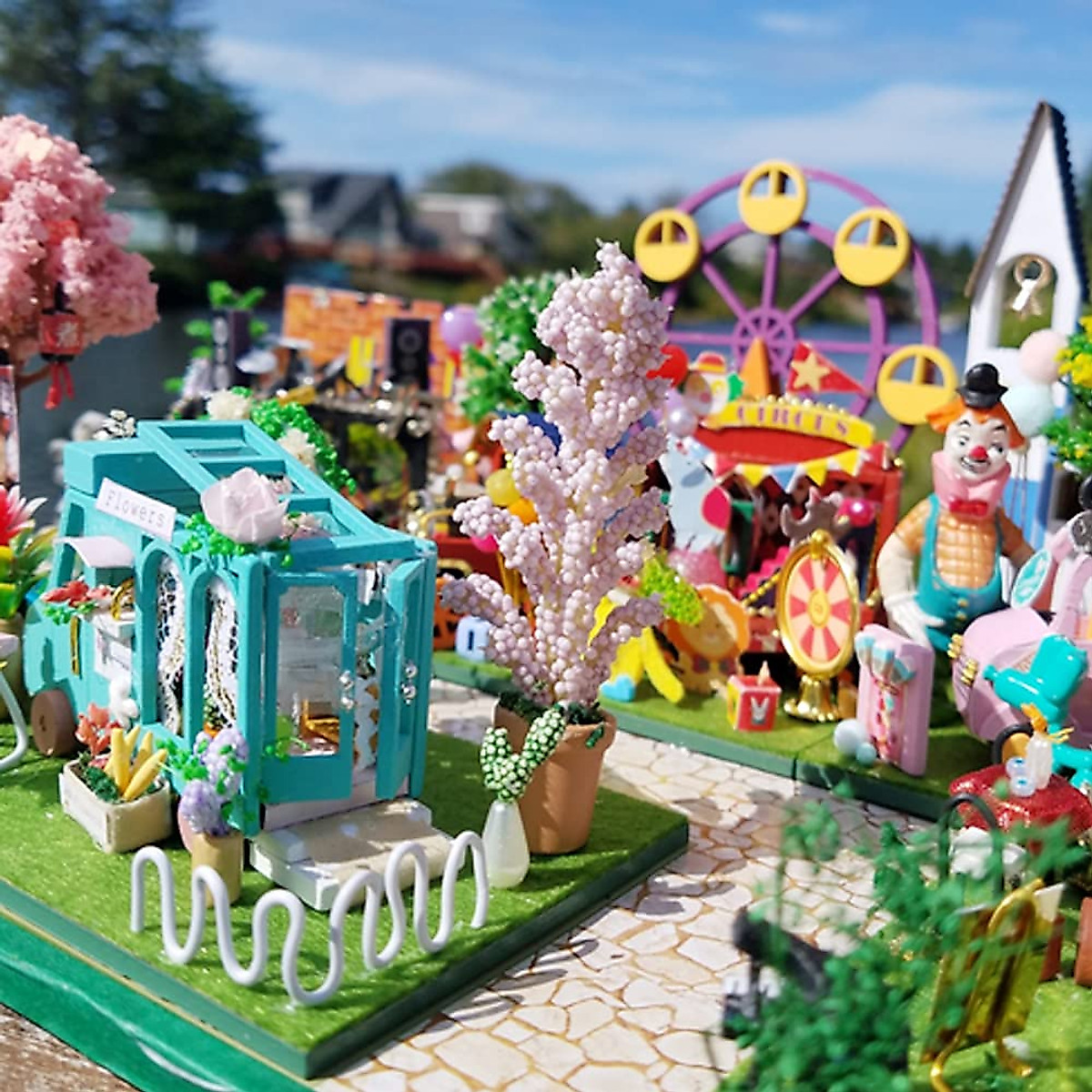 WYD 6pcs DIY Mini Car Train Shop House Combined Bus Shop Street Model 3D Wooden Miniature Dollhouse Kit with LED Lights and Furniture Kits (6PCS Car) for Friends