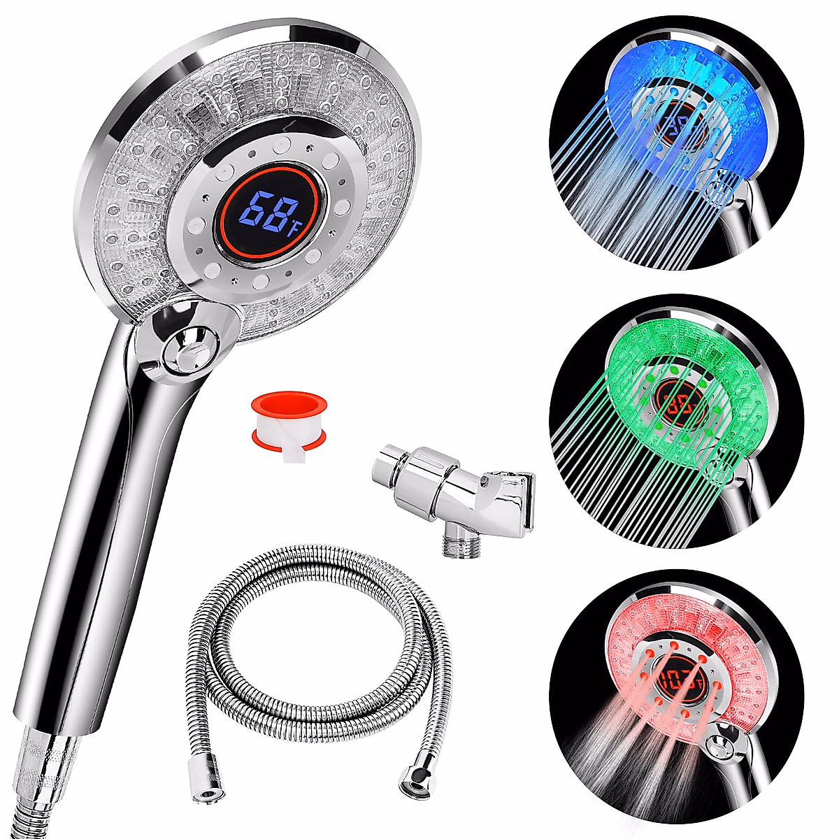 LED Shower Head Color Changing, Handheld Shower Head High Pressure with Hose, Water Saving Spray Showerheads, Discoloration Warning, Water Temperature Display, 3 Spray Modes, Easy to Install, ‎Chrome