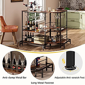 kepptory L-Shape Bar Table, 3-Tier Liquor Bar Table with Storage & Glasses Holder & Footrest, Farmhouse Wine Bar Cabinet for Home, FreeStanding Sideboard and Buffet Cabinet, Retro Brown