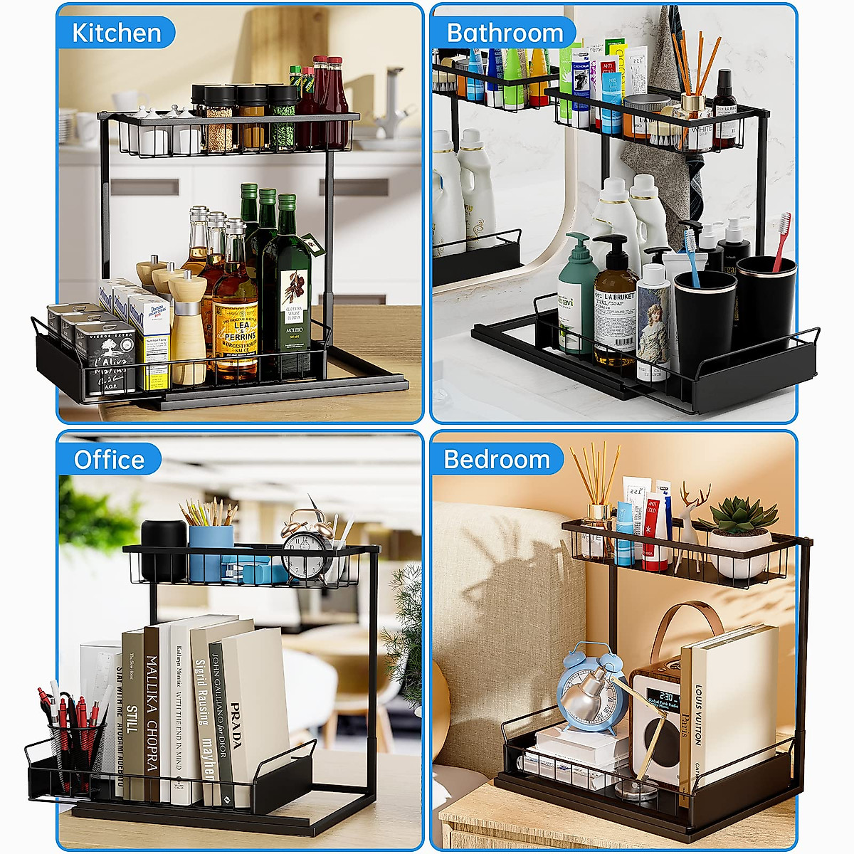 Under Sink Organizer, Painted Steel Under Cabinet Basket Organizer, Sliding Under Sink Storage with Handles, Black Bathroom Organizer Under Sink, Multi-purpose Cleaning Supplies Organizer for Kitchen