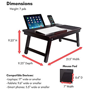 Sofia + Sam Laptop Bed Tray with Storage Drawer and Media Slots | Folding Legs and Mouse Pad | Fits Laptops Up to 15" | Tablets Up to 9.6" | Smart Phones Up to 4" | Espresso | Work from Home Desk