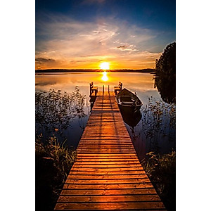 Sunset Over The Fishing Pier at Finland Lake Photo National Mountain Nature Landscape Park Scenic Scenery Parks Picture Dock Water Cool Wall Decor Art Print Poster 24x36