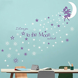 ANFRJJI Fairy Wall Decal "I Love You to The Moon and Back" Fairy Wall Sticker White moon and stars and purple elf fairy text and stars for Girl, Kids Bedroom Wall Decals, Nursery Decor JWH165 (purple