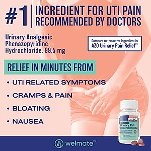 WELMATE Urinary Pain Relief | UTI Relief | Fast Acting | Bladder Discomfort & Pain Relief | Phenazopyridine Hydrochloride 99.5mg | 72 Count Tablets