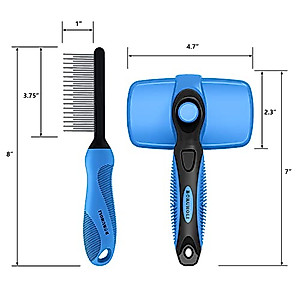 BORUHOLI Self-Cleaning Slicker Dog/Cat Brush and Comb Kit,Cat/Dog Brush and Comb for Shedding and Grooming Long/Short Hair and Large/Small Dogs, Cats, Rabbits, Pets - Dematting Comb. (Blue)