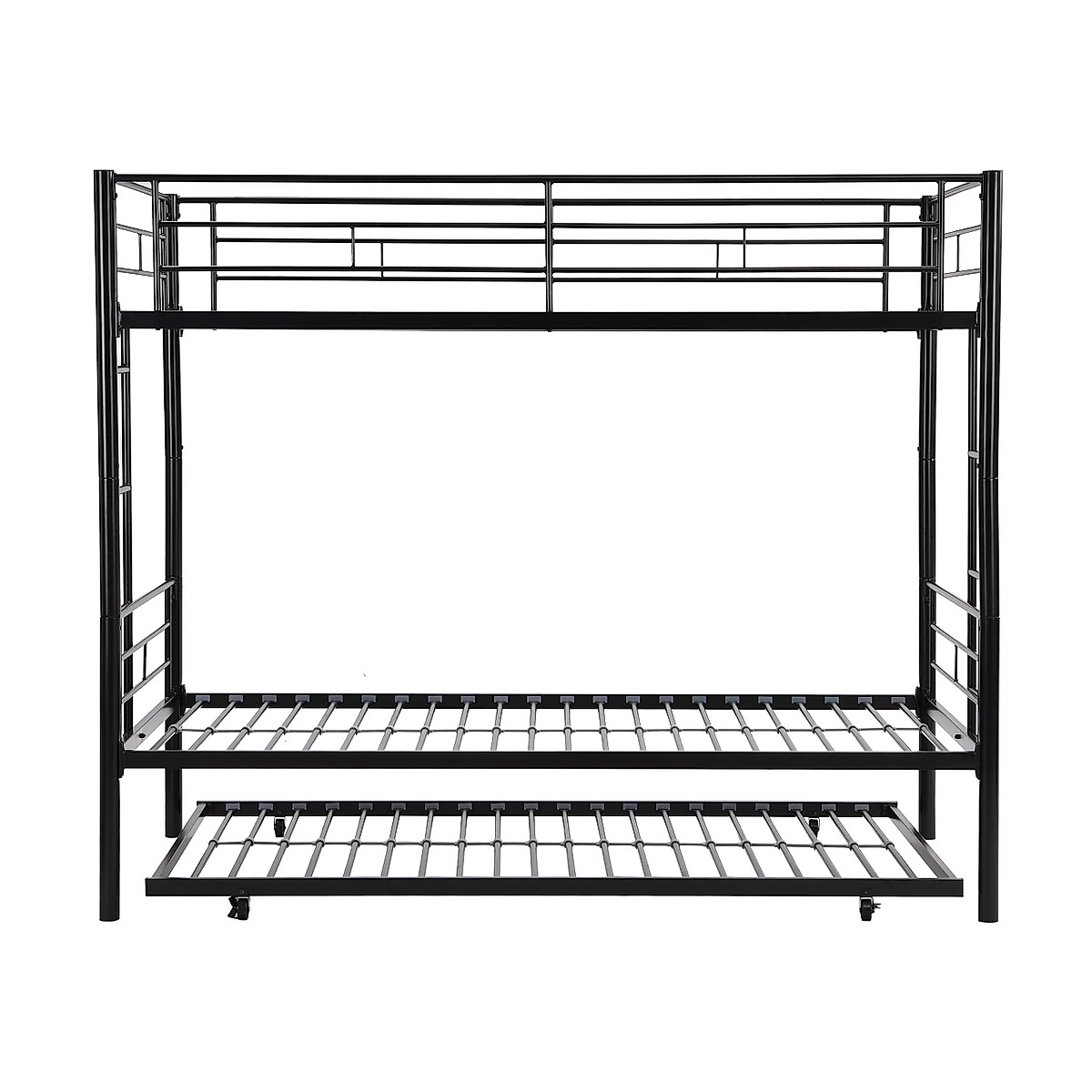 UOCFYK Twin Over Twin Metal Bunk Bed with Trundle,Twin Metal Bed Frame with 2 Ladder and Guardrails&Convertible Bunkbeds for Boys/Girls,Space Saving Design,No Spring Box Required,Black